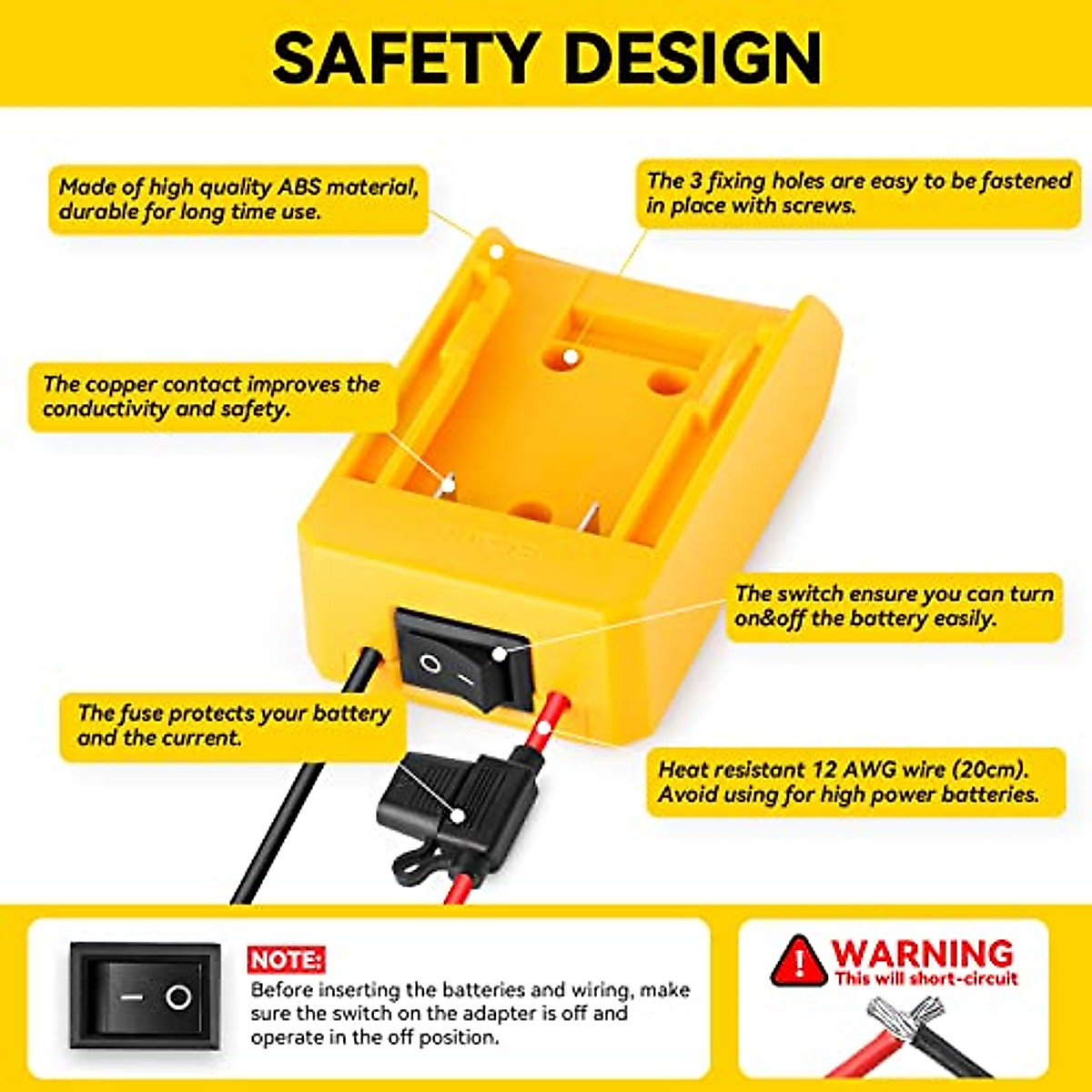 Ecarke Power Wheels Adapter Battery Adapter for DeWalt 20V Max Battery 18V,for DIY Ride On Truck, Robotics,RC Toys 12 Gauge Robotics with Fuse & Switch Power Convertor Dock Power Connector（1 Pcs）