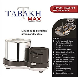Tabakh Max 2-Liter Stone Wet Grinder with Atta Kneader & Coconut Scraper, 110V, Gray