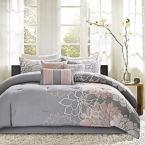 Madison Park Lola Sateen Cotton Comforter Set-Casual Medallion Floral Design All Season Down Alternative Bedding, Shams, Bedskirt, Decorative Pillows, Queen, Grey/Blush 7 Piece