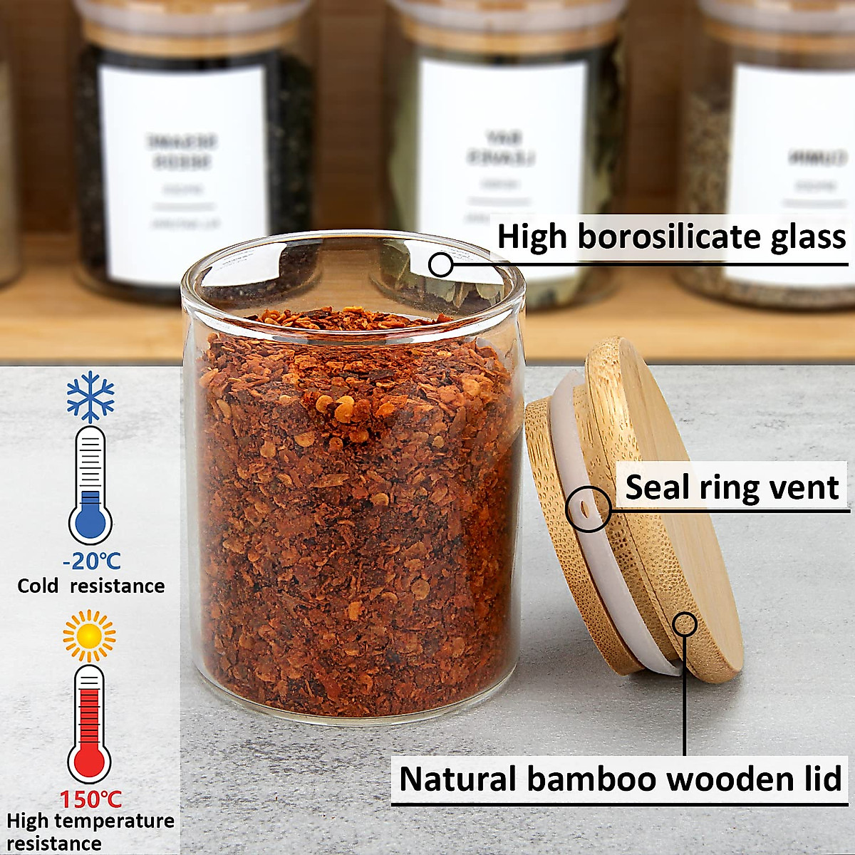 JuneHeart 32 PCS Glass Spice Jars with Bamboo Lids and 194 Waterproof Labels, 4oz Clear Food Storage Containers for Kitchen Sugar Salt Coffee Beans