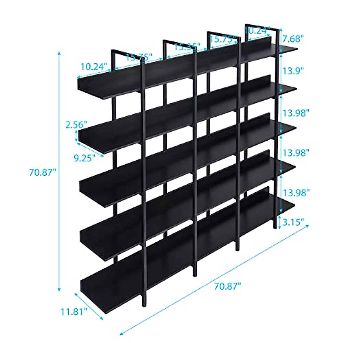 CALABASH Bookcases and Bookshelves Triple Wide 5 Tiers Industrial Bookshelf, Large Tall Bookcase Open Display Shelves with Metal Frame for Living Room Bedroom Library Home Office(Black)