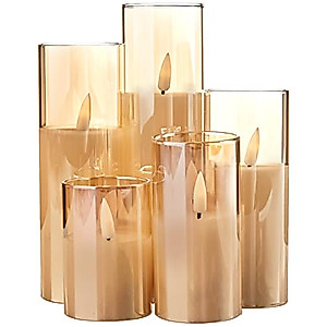 Eywamage Slim Gold Glass Flameless Candles Batteries Included, Flickering LED Pillar Candles with Remote Christmas Wedding Home Decor, D 2" H 3" 4" 5" 6" 7"