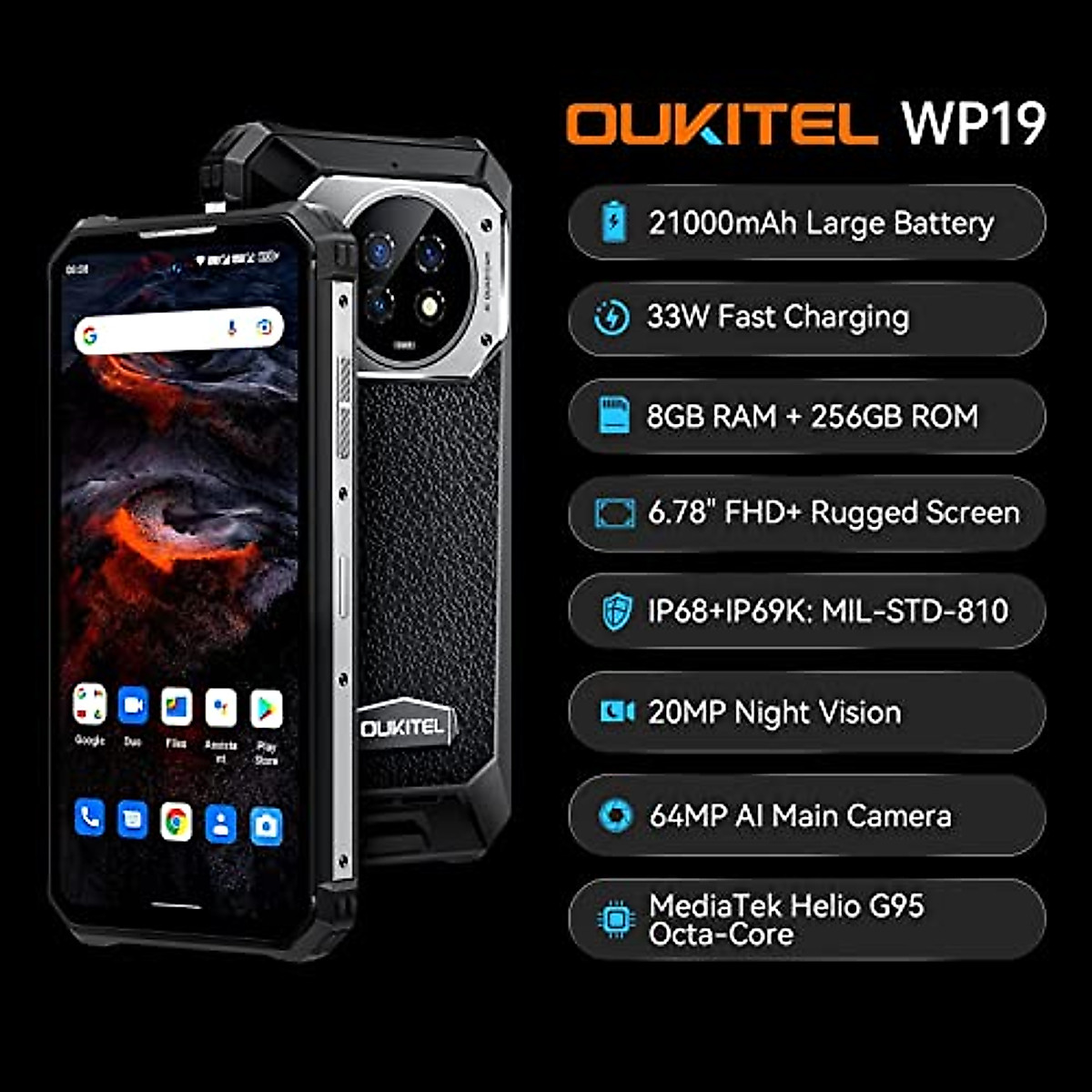 OUKITEL WP19 Rugged Smartphone Unlocked, 21000mAh Battery 8GB 256GB Android 12 Cell Phone, 64MP Camera 20MP Night Vision, 6.78" FHD+ Rugged Phone, Waterproof Mobile Phone Unlocked 4G Dual Sim OTG NFC