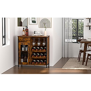 3-Tier Wine Bar Cabinet with Detachable Wine Rack and Drawer, Industrial Sideboard and Buffet Cabinet with Glass Holder, Coffee Bar Cabinet with mesh Door for Home & Kitchen, Rustic Brown