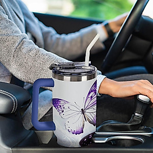 40 Oz Vacuum Tumbler with Deep Blue Handle Leakproof Insulated Tumbler White Purple Butterflies Stainless Steel Travel Mug with Lid And Straw Coffee Cup Cute Water Bottles Cup Holder Friendly