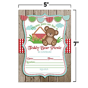 Teddy Bear Picnic Birthday Party Invitations, 20 5x7 Fill In Cards with Twenty White Envelopes by AmandaCreation