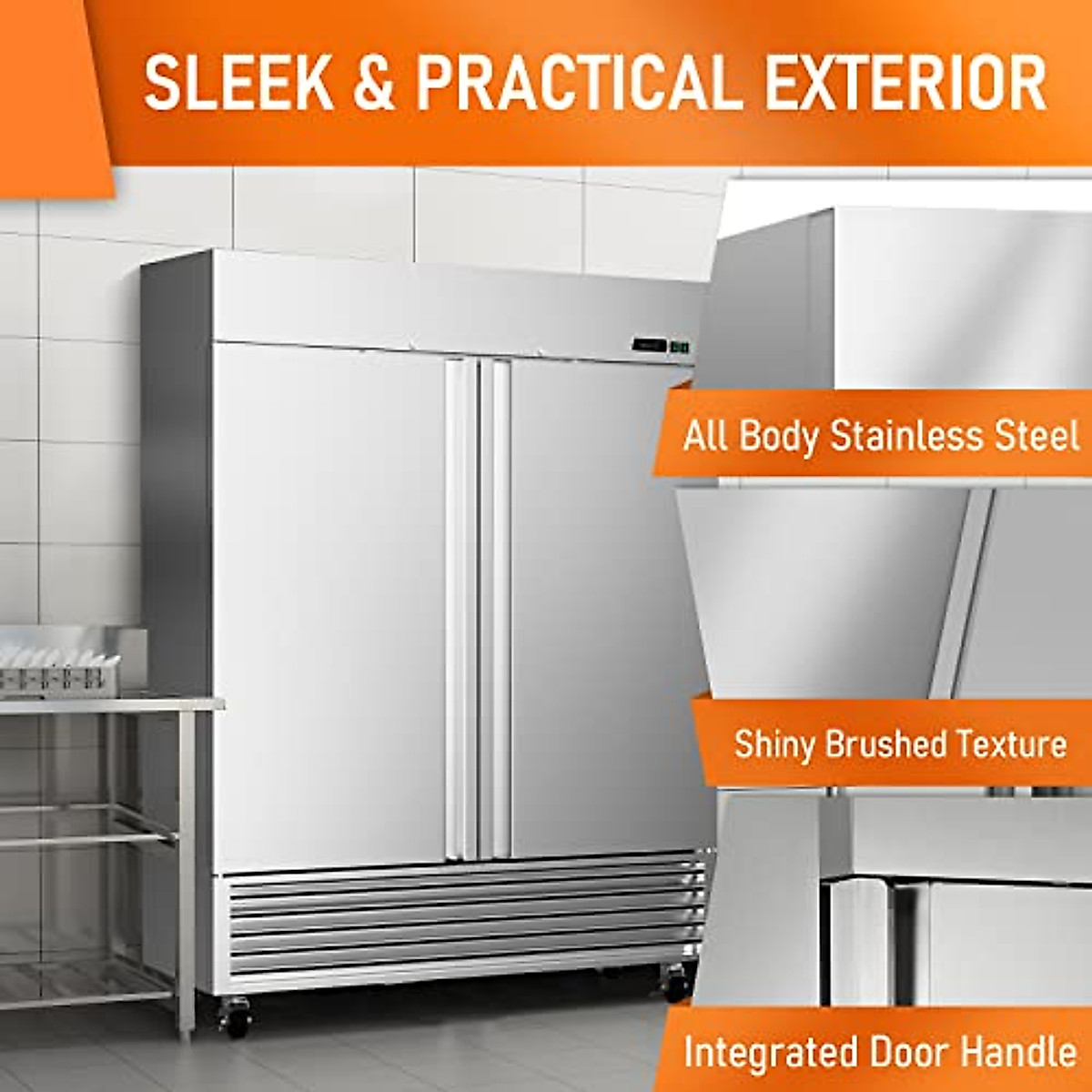 HOCCOT Commercial Refrigerator 54” Two Solid Door Reach-In Cooler, Stainless Steel 2 Sections Air-cooled Refrigerator with Adjustable +33°F~+41°F Temp Range in LCD Display, 49 Cu.Ft for Restaurant