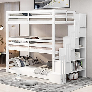 Harper & Bright Designs Wood Triple Bunk Bed with Storage Staircase, Wooden Floor Bunk Beds 3 Beds in 1 for Kids, Detachable Triple Bed Can Convertible into Twin Bunk Beds & Loft Bed, White