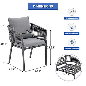 SUNSITT Patio Dining Chairs Set of 2, Outdoor Aluminum Dining Chairs with Woven Rope, All-Weather Patio Arm Chairs w/Cushions, Porch, Garden and Deck, Dary Grey