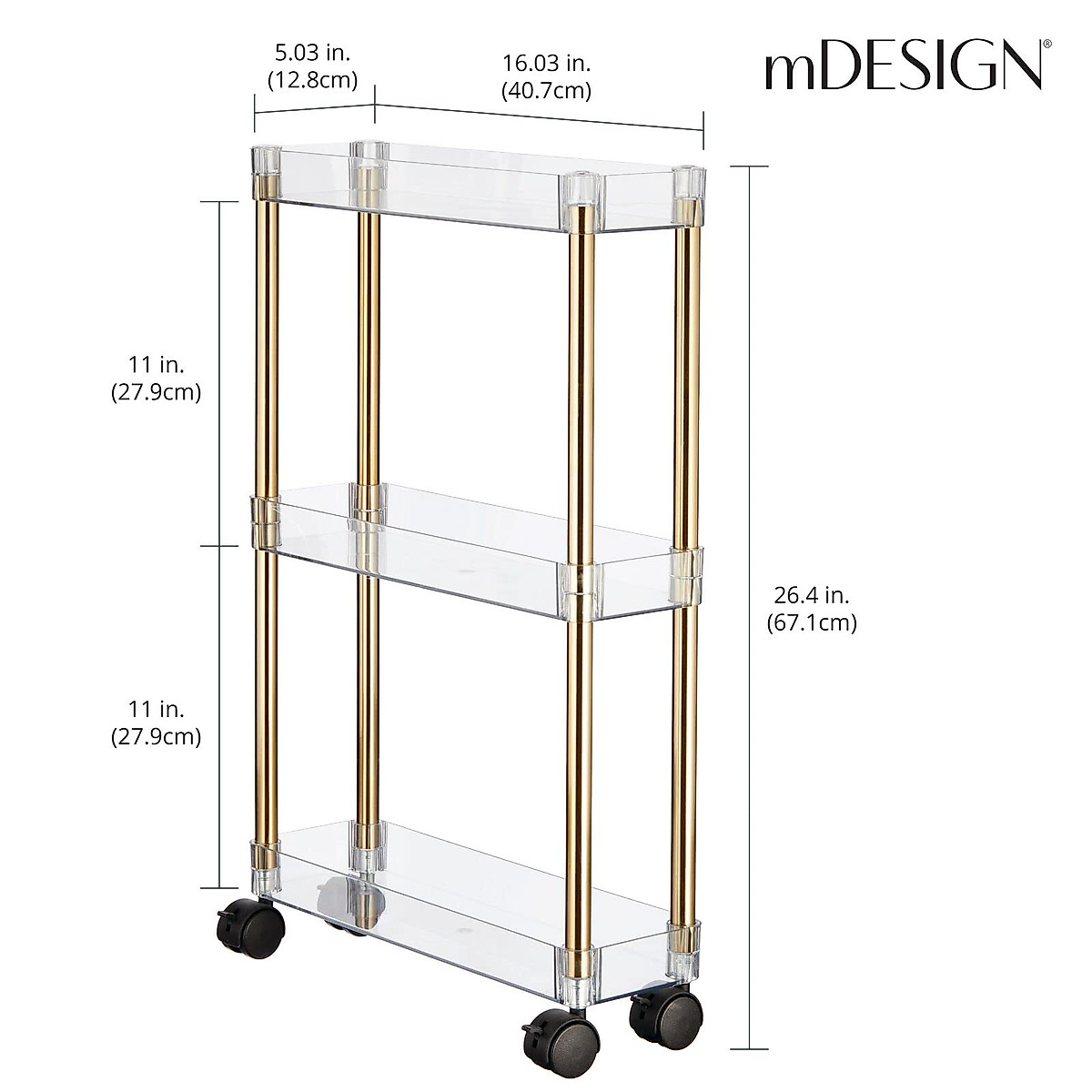 mDesign Slim Portable 3-Tier Household Rolling Storage Cart for Bathroom, Kitchen, Craft Room, Laundry Room, Office, and Kid's Playroom - 4 Rotating Wheels - Clear/Soft Brass