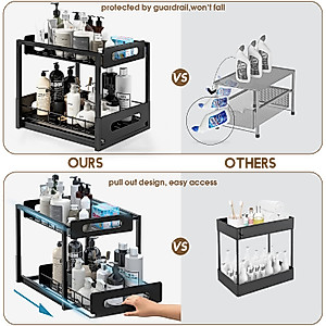 SHCAPENM Under Sink Organizers and Storage, 2 Tiers Bathroom Under Sink Organizers with Sliding Drawer Under Cabinet Basket Organizer Black for Bathroom Kitchen Countertop