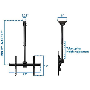 Mount-It! TV Ceiling Mount Bracket, Adjustable Height Full Motion 360 Deg Rotation Tilting Swiveling for Flat Panel LCD LED OLED Plasma TVs, Fits up to 75 Inch TVs, 110 Pound Capacity, Black (MI-509B)