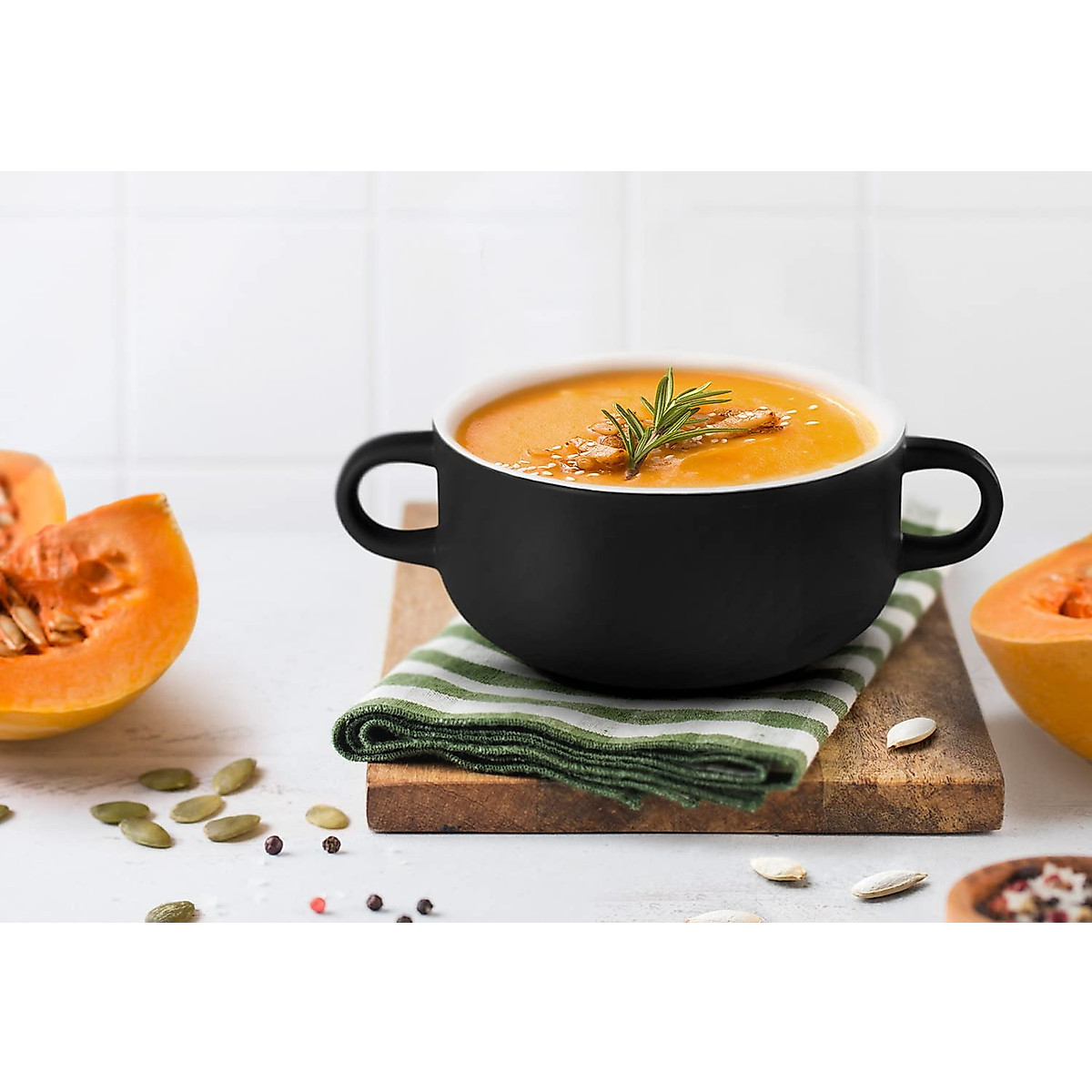 Kook Soup Crocks, Ceramic Bowls, Broil, Oven, Microwave and Dishwasher Safe, with Handles, For Casserole, Pasta, Cereal, 18 oz, Set of 4 (Black)