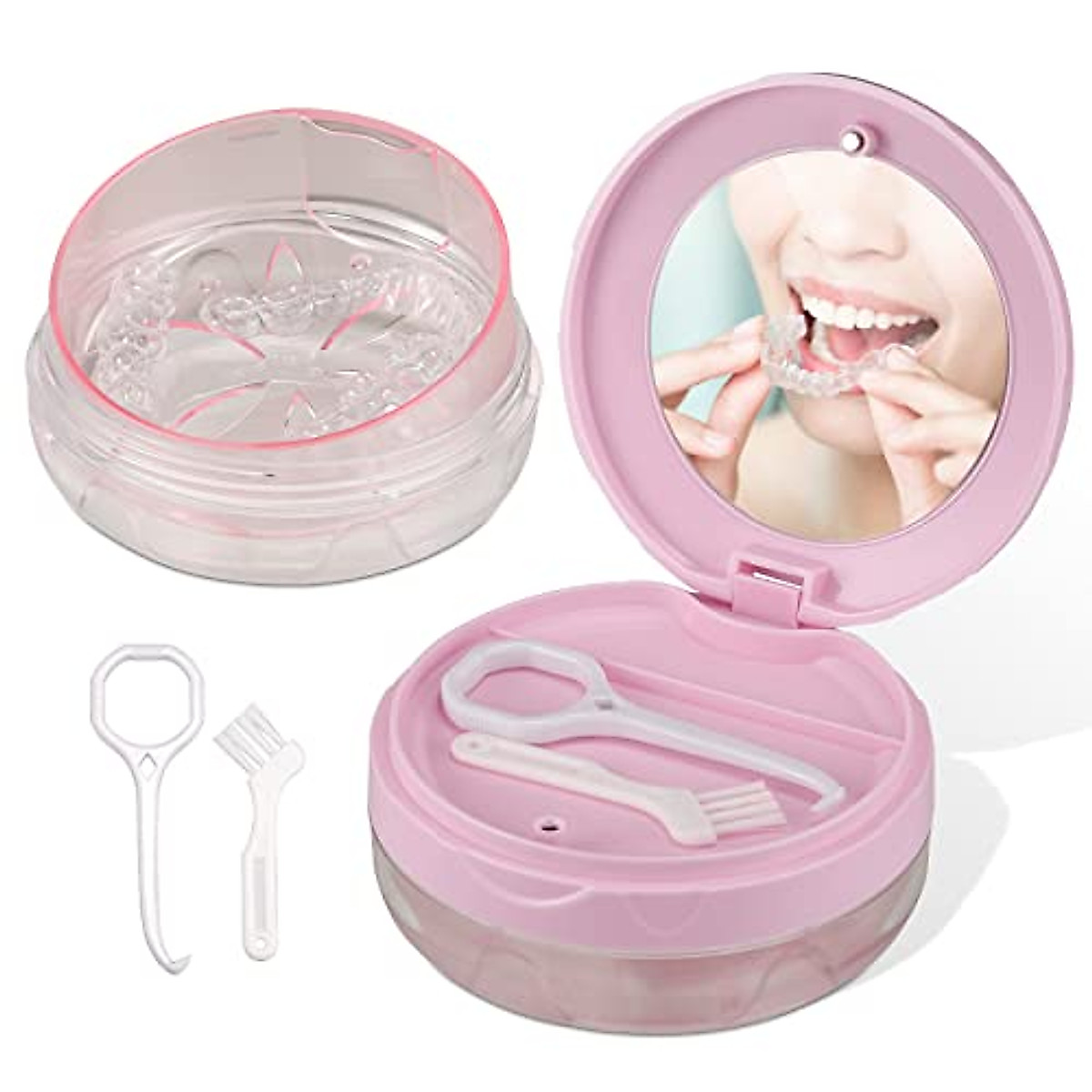 Denture Case, Leak Proof Denture Bath Case Cup Kit for Travel Cleaning, Denture Holder Box Bath Soaking Container for Women & Men with Mirror, Strainer, Removal Tool and Denture Brush(Pink)
