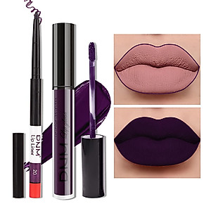 AMY'S DIARY 2Pcs Dark Purple Lip Liner and Lipstick Matte Makeup Set,Darkest Eggplant Plum Lipstick 24H with Lip Liner Set Matt Liquid Long Lasting Mate Dark Plum Dark Berry Lipstick (#20)