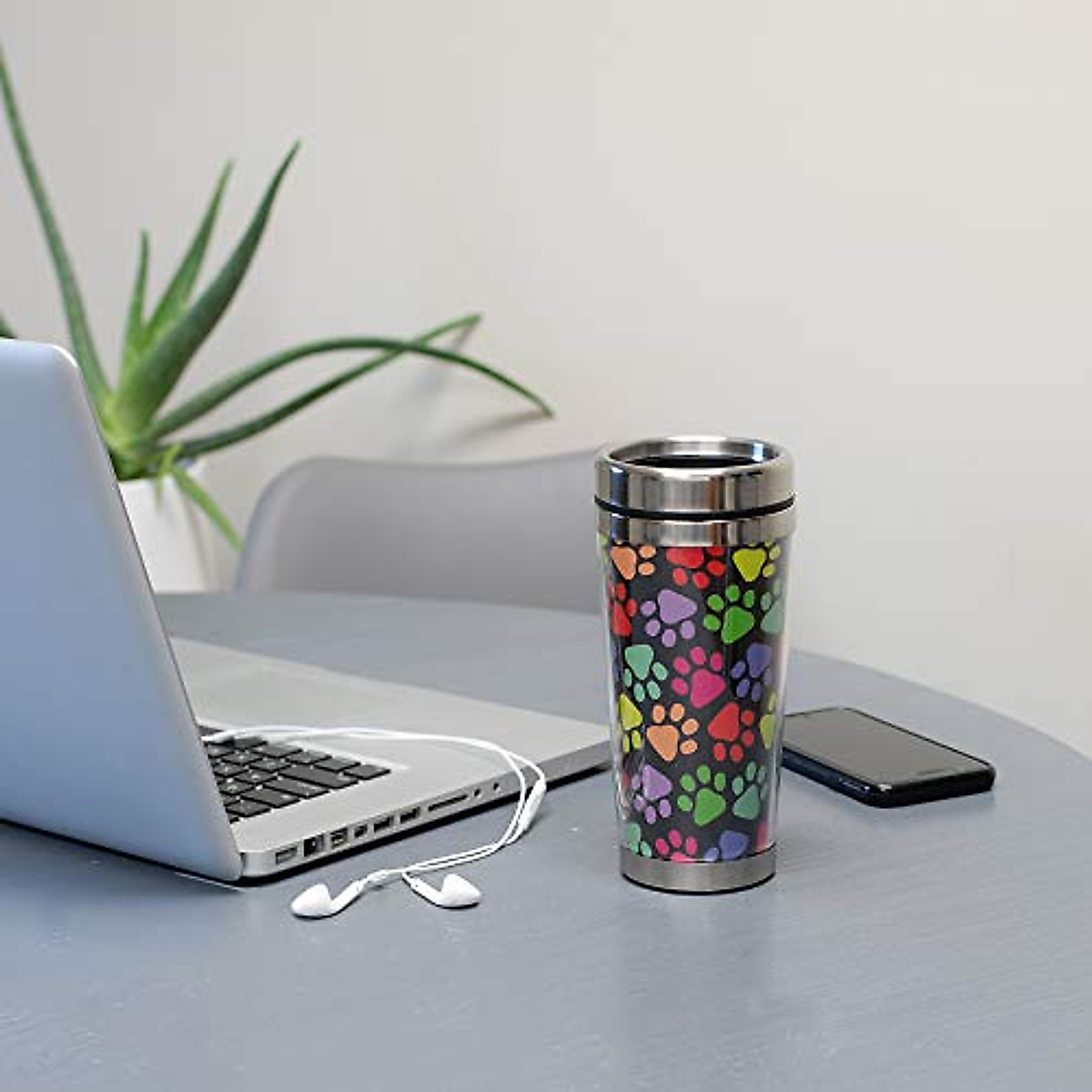 Elanze Designs Colorful Paw Prints on Black 16 Oz Stainless Steel Travel Mug