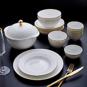 Plate and Bowl SetKitchen Tableware Set,Ceramics Dinner Sets, 60 Pieces Handmade Gold Bone China Dinnerware Set | Cereals Bowl & Dish & Soup Pot for Family Gathering - Porcelain Combination Set