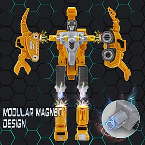 SLENPET 5 in 1 Dinosaur Transforming Robot Toys Set, Magnetic Assemble into Emulation 14.5 inches Large Robot Figures, 5 Construction Trucks & Dinosaurs for Boys, Kids Ages 3 and Up