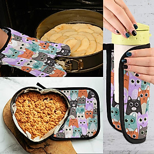 Oven Mitts Pot Holders Sets - Cute Cats for Kids Oven Gloves Hot Pads Non-Slip Potholders for Kitchen Cooking Baking BBQ