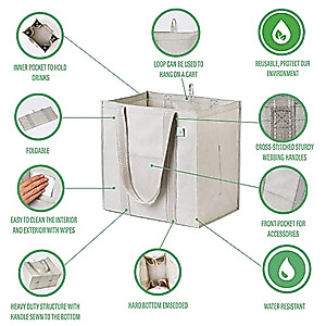 VENO 4 Pack Reusable Grocery Shopping Bag w/bottle holder, Hard bottom, Foldable, Multipurpose Heavy Duty Tote, Daily Utility bag, Stands Upright, Sustainable (Set of 4, Beige)