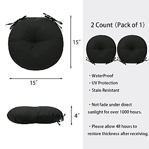 FUNHOME Bistro Chair Cushions with Ties,Tufted Patio Round Outdoor Seat Cushions 15"x15"x4"inch,Set of 2,Waterproof Patio Cushion 15 inch for Barstool Garden Kitchen Furniture(Black)