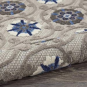 Nourison Aloha Indoor/Outdoor Grey/Blue 7'10" x 10'6" Area Rug, Easy Cleaning, Non Shedding, Bed Room, Living Room, Dining Room, Deck, Backyard, Patio (8x11)