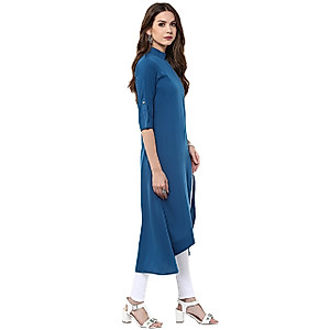 Janasya Women's Crepe Kurti Tunic Tops,Blue,Large,Blue,Large