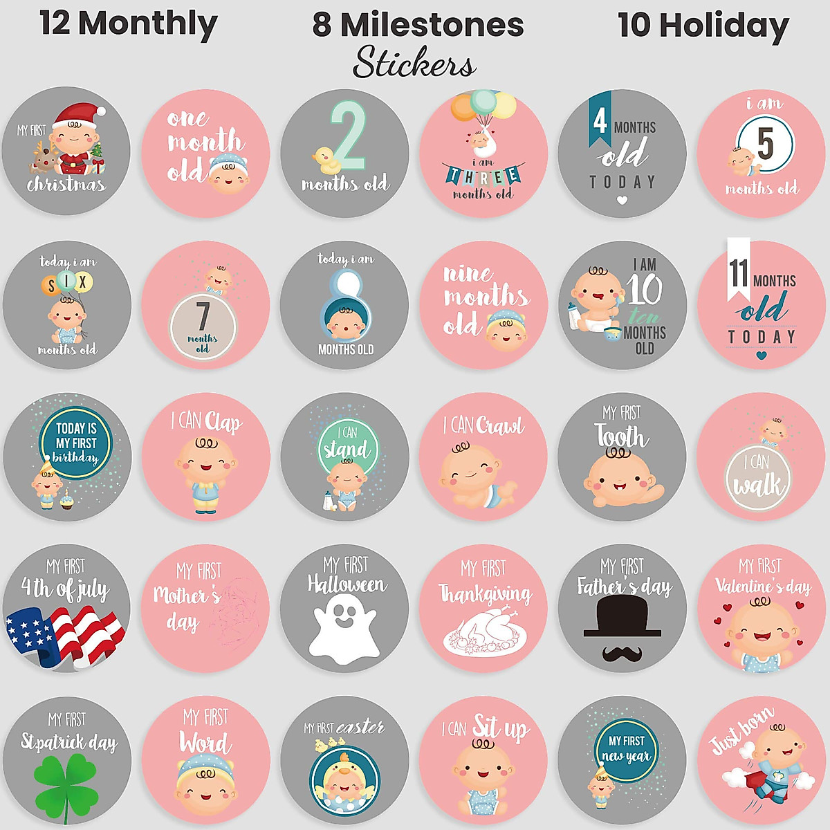 Baby Milestone Stickers Boy Girl - Premium Set of 30 Newborn Infant Monthly Growth Stickers - 1 Photo Album Memory Registry Cute Baby Shower Gift Birthday- Baby Memory Book with Keepsake Box for Mommy
