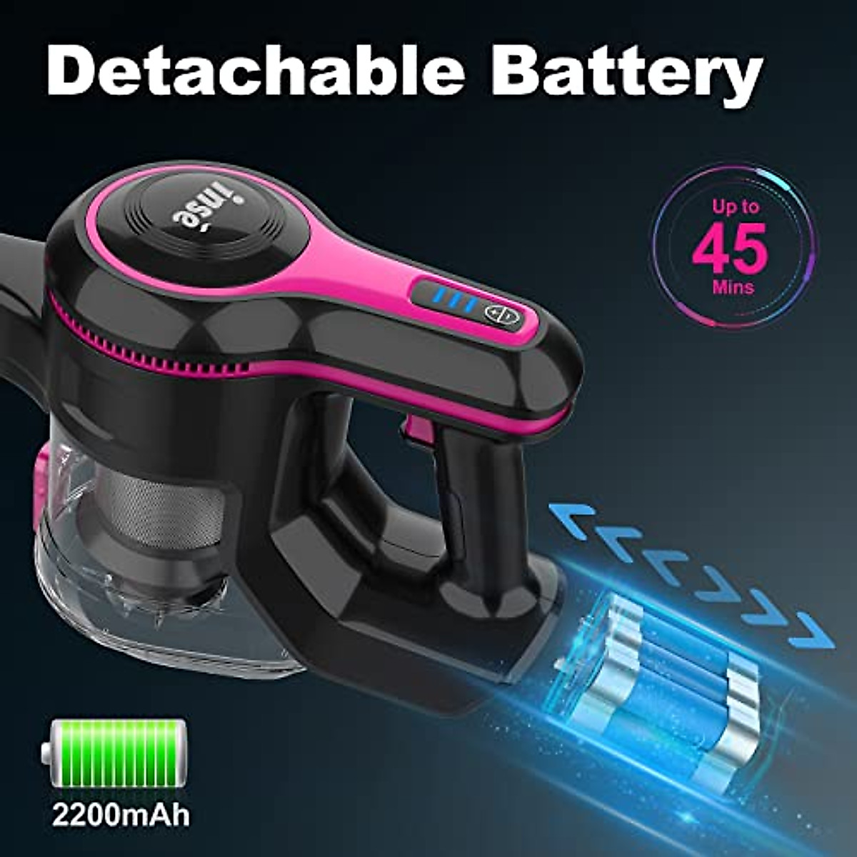 INSE Cordless Vacuum Cleaner, 6-in-1 Rechargeable Stick Vacuum with 2200 m-A-h Battery, Powerful Lightweight Cordless Vacuum Cleaner, Up to 45 Mins Runtime, for Home Hard Floor Carpet Pet Hair-N5S