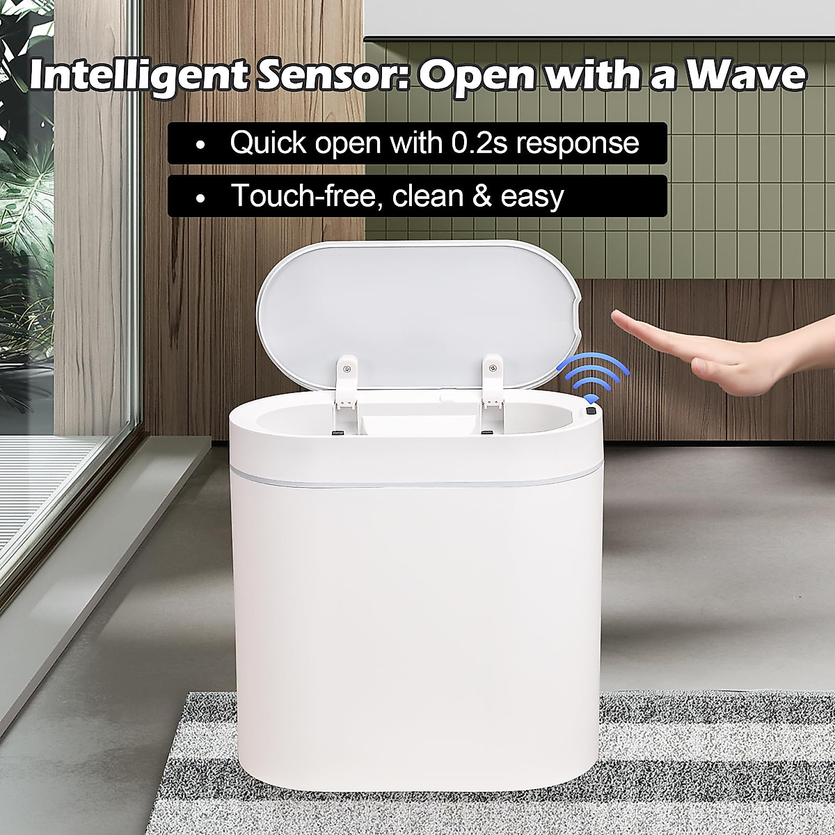 ELPHECO Bathroom Motion Sensor Trash can 2.5 Gallon Automatic Garbage Can, 9.5L Slim Plastic Smart Trash Bin with Lid, touchless Garbage can for Bedroom, Bathroom, Kitchen, Office, White