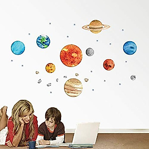 Finduat Space Planet Wall Stickers Decals, Removable Solar System Watercolor Space Vinyl Wall Stickers for Kids Nursery Bedroom Living Room