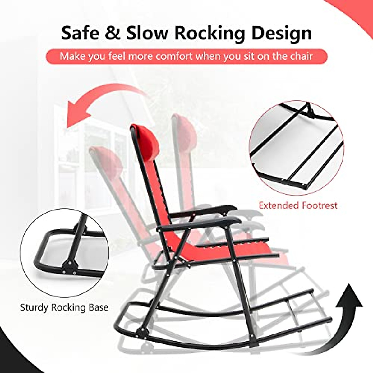 Tangkula Outdoor Folding Rocking Chair, No Assembly Required, Foldable Rocker Recliner with Headrest, Portable Lounge Chair for Camping, Patio, Lawn, Garden, Yard or Balcony