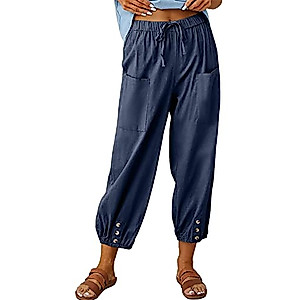 Acesulu Summer Linen High Waist Yoga Pants Drawstring Wide Leg Cropped Pants Trousers with Pockets for Women (0099-NavyBlue-XL)