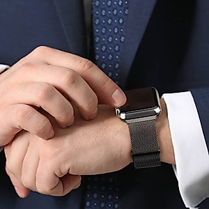 [2 PACK] Metal Stainless Steel Bands Compatible with Apple Watch Bands Series 8 7 6 5 4 3 2 1 SE 42mm 44mm 45mm, Mesh Loop Magnetic Milanese Strap for iWatch Bands (Black & Graphite)