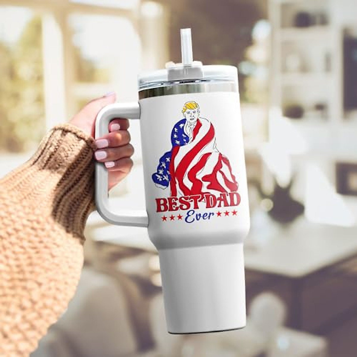 UNILYLY Trump Best Dad Ever, 40 Oz Tumbler With Handle Lid And Straw, Dad Travel Coffee Mug Cup, Trump Gifts, Coffee Day Fathers