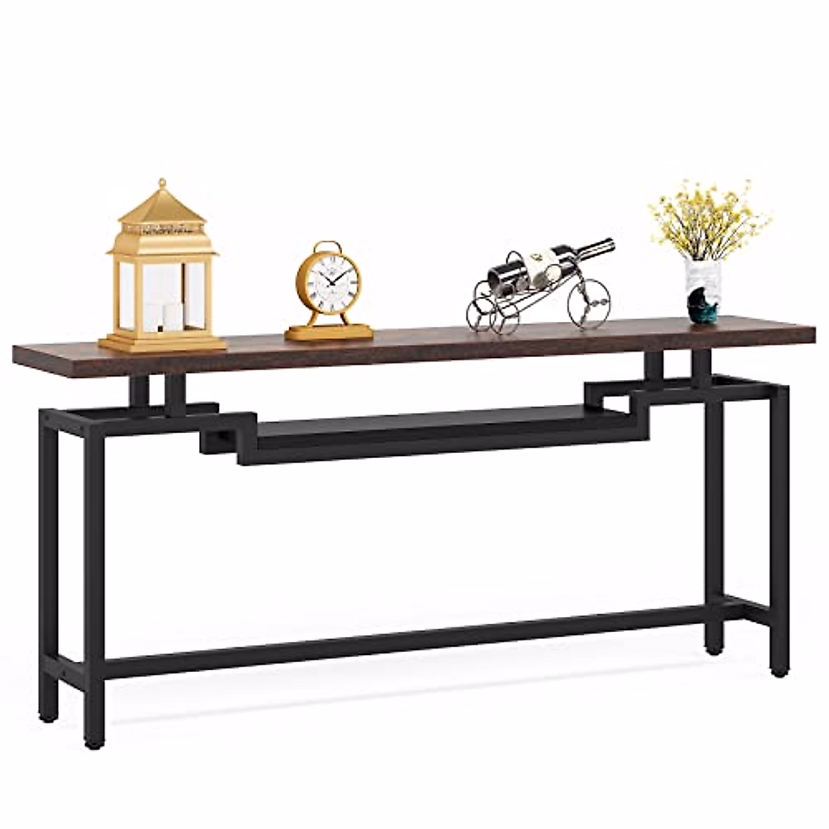 Tribesigns 70 inch Sofa Table, Narrow Long Console Table with 2 Tiers, Industiral TV Console Behind Couch Table with Storage for Entryway, Living Room, Brown & Black