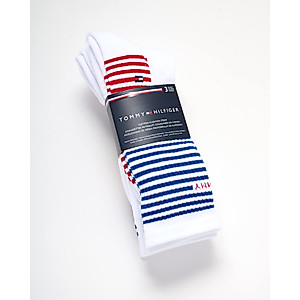 Tommy Hilfiger Men's Athletic Socks - Cushion Crew Socks (3 Pack), Size 7-12, White Stripe