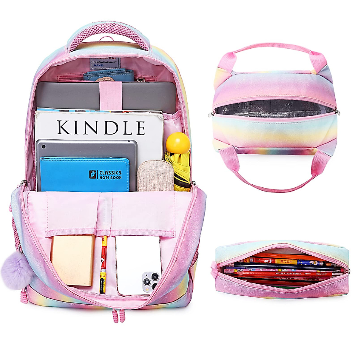 Meisohua Kids School Rainbow Glitter Backpack with Lunch Bag Girls Preschool Backpack 3 in 1 School Bag Set Daypack Bookbag (Bling Set)