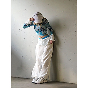 Xineicy Parachute Pants for Women Drawstring Baggy Cargo Pants Y2K Trouser Low Rised Jogger Sweatpants Loose Hip Hop A White