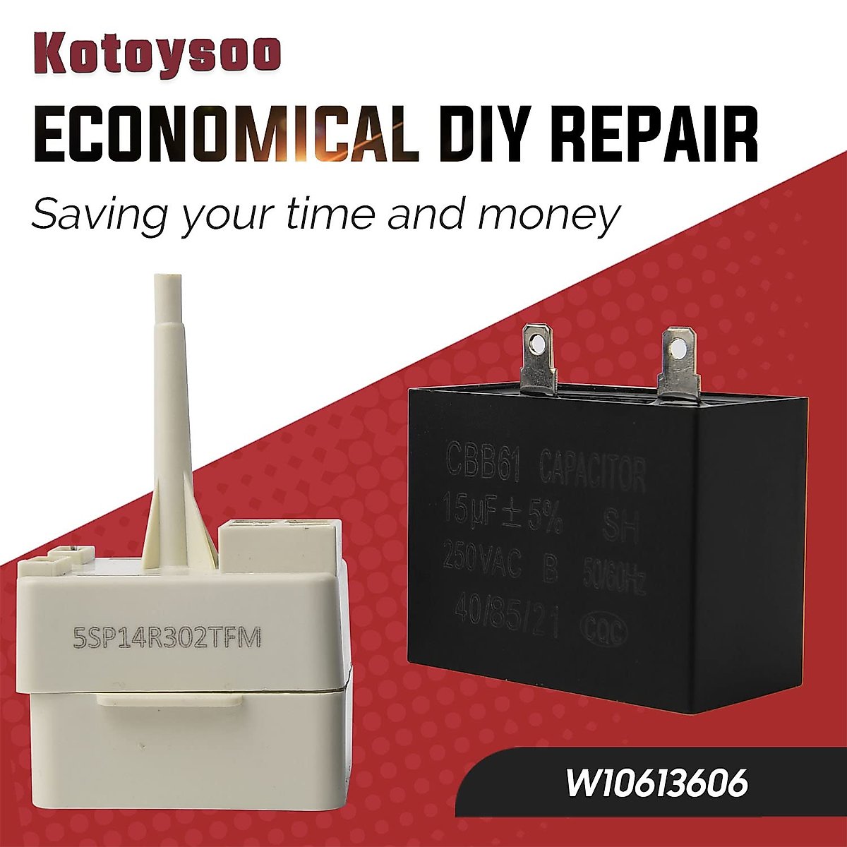 W10613606 Refrigerator Compressor Start Relay and Capacitor by Kotoysoo- Compatible with Whirlpool, Kenmore - Replace part number: W10416065, PS8746522, 67003186