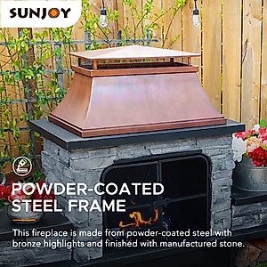 Sunjoy Outdoor Fireplace, Patio Wood Burning Fireplace with Steel Chimney, Mesh Spark Screen Doors, Fire Poker, and Removable Grate, Copper and Black