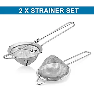 Fine Mesh Strainer Set of 2, P&P CHEF 3.3” Stainless Steel Conical Sieve Tea Strainer with Long Handle for Kitchen, Filtering Tea, Coffee, Cocktail, Juice, Healthy & Dishwasher Safe, (Silver)