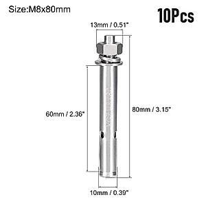 M8 x 80mm 304 Stainless Steel Expansion Bolt 10-Pack External Hex Expansion Screw Bolt(10 pcs)