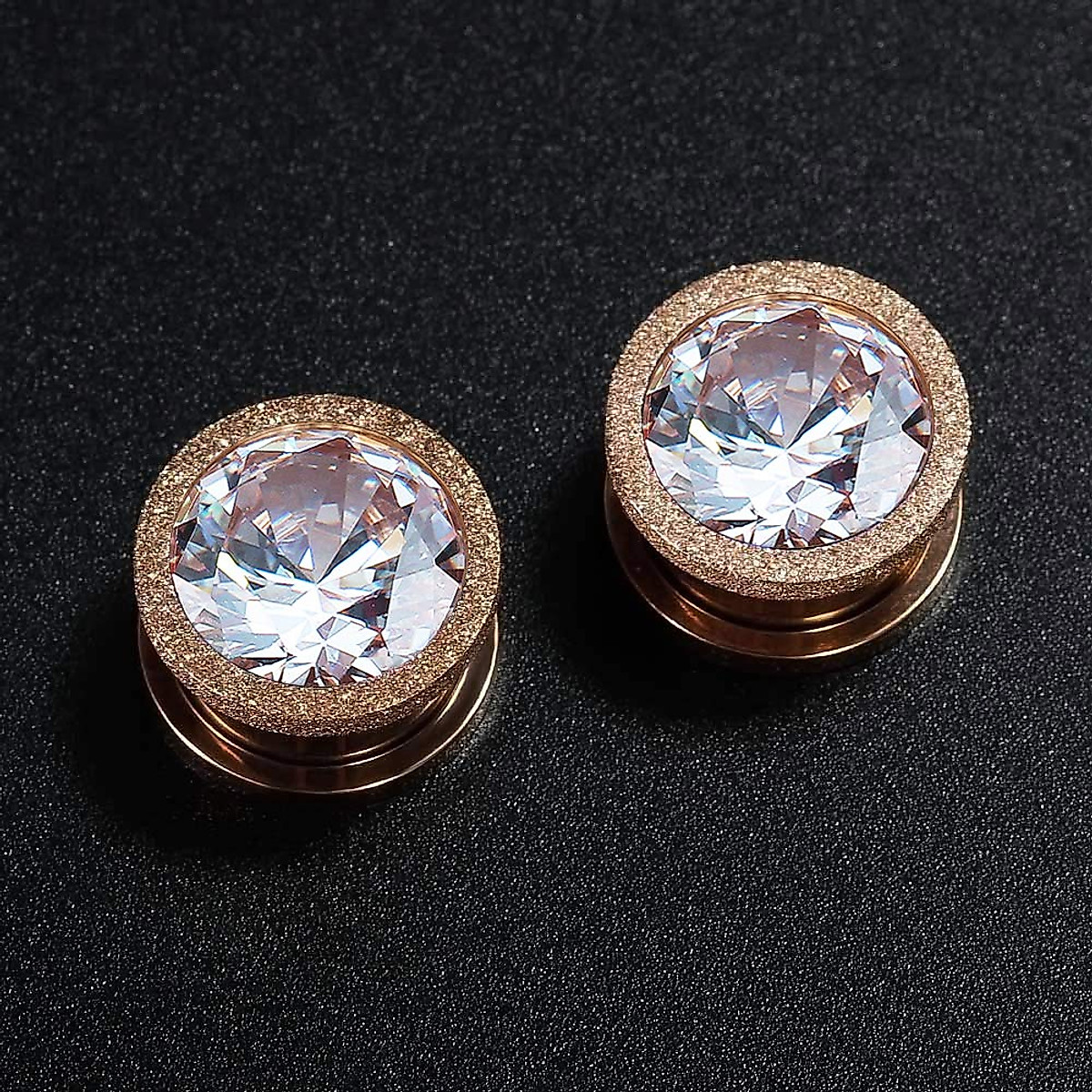 ZS Rose Gold Stainless Steel Screw Big Cubic Zirconia Ear Gauges Plugs Tunnels Expander Body Piercing (Gauge=00g(10mm))