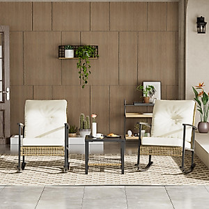 SDMY 3 Pieces Patio Rocking Bistro Set, Patio Rocking Chairs Set of 2, Rattan Patio Chairs and 2-Tier Coffee Table, Outdoor Conversation Sets for Balcony, Porch, Bistro,Lawn, Garden, Backyard, Beige