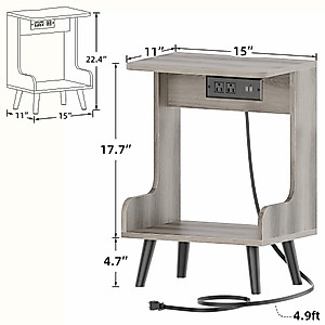 GYIIYUO Nightstands Set of 2 with Charging Station, Bedside Tables with Open Wood Shelf, End Table with Solid Wood Feet, Solid Wood Side Table for Bedroom, Small Spaces, Grey