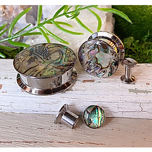Lobal Domination PAIR Abalone Inlay Steel Screw Fit Plugs Tunnels Earlets Gauges Pierced Body Jewelry (6g (4mm))