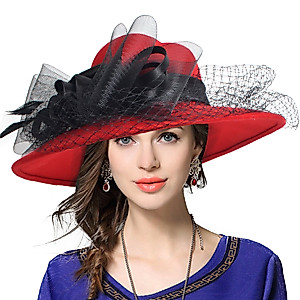 VECRY Women's Fascinator Wool Felt Hat Cocktail Party Wedding Fedora Hats (B-Red)