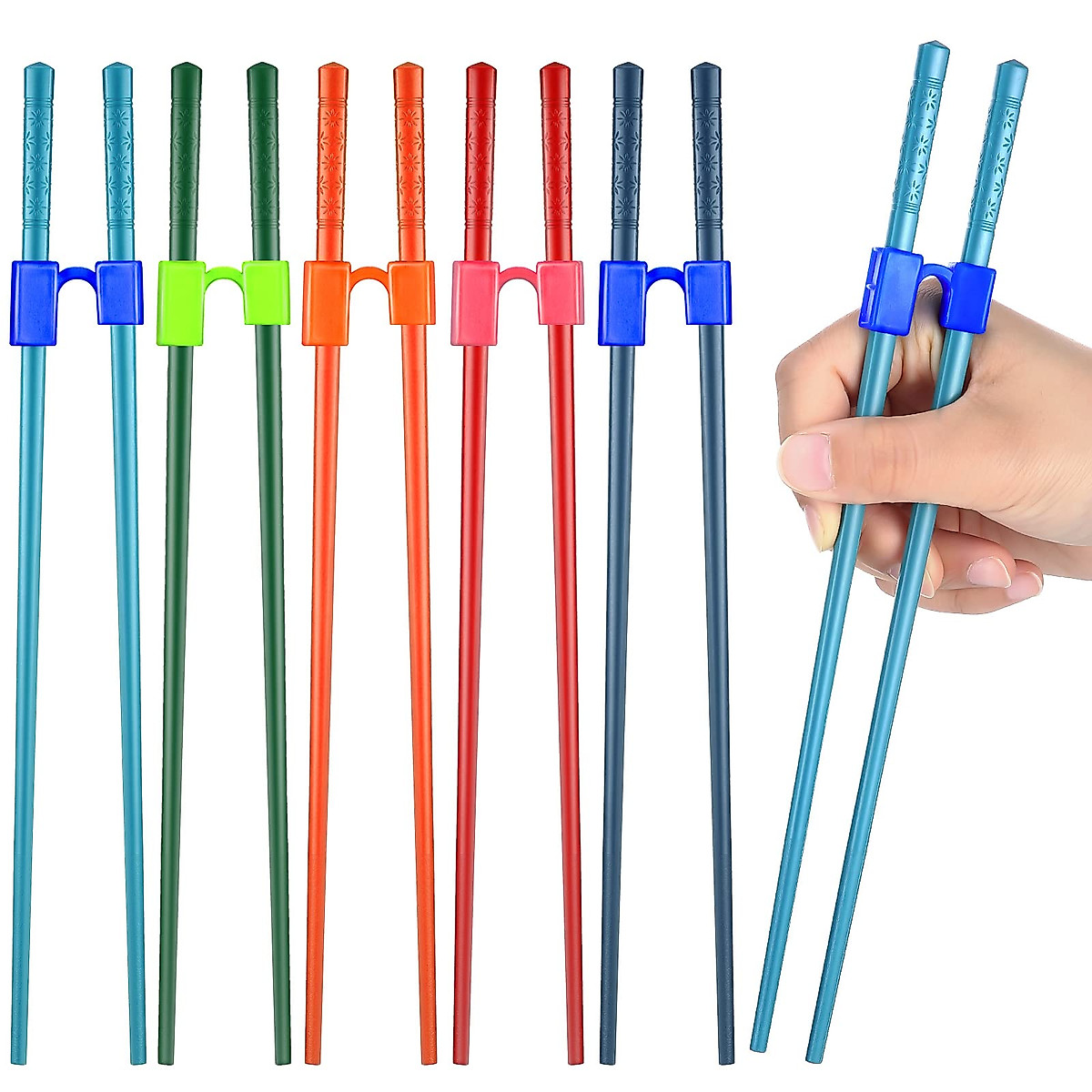 5 Pairs Reusable Chopstick Helpers Non Slippery Training Chopsticks for Adult Replaceable Practice Chopsticks Heat Resistant Chopsticks Holder with Clip for Trainer (Mixed Color, Alloy)