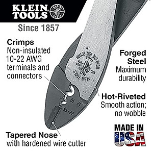 Klein Tools 1006 Cutting / Crimping Tool, Crimps 10 to 22 AWG Solderless Terminals and Connectors, with Wire Cutter in Tapered Nose